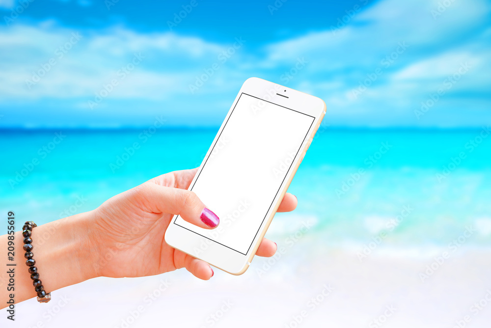 Woman use mobile phone on beach with isoalted screen for app, design ...