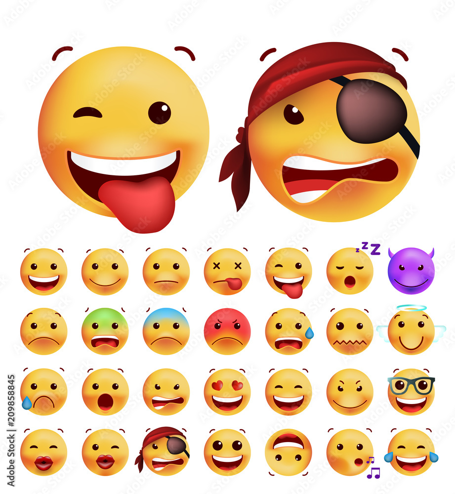 Set of Cute Emoticons on White Background . Isolated Vector ...