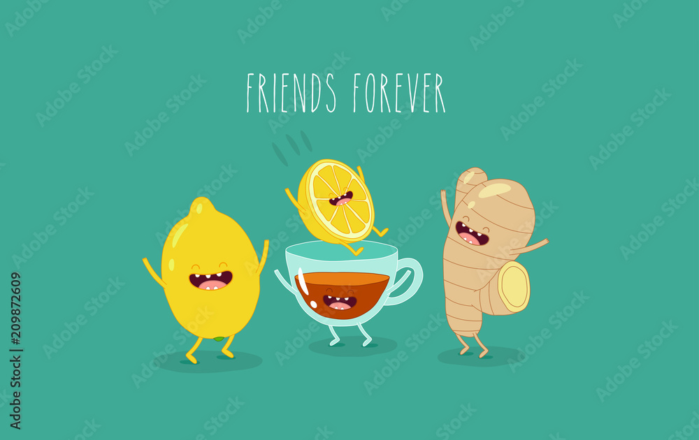 Black tea with lemon and ginger. Vector illustrations. You can use for ...
