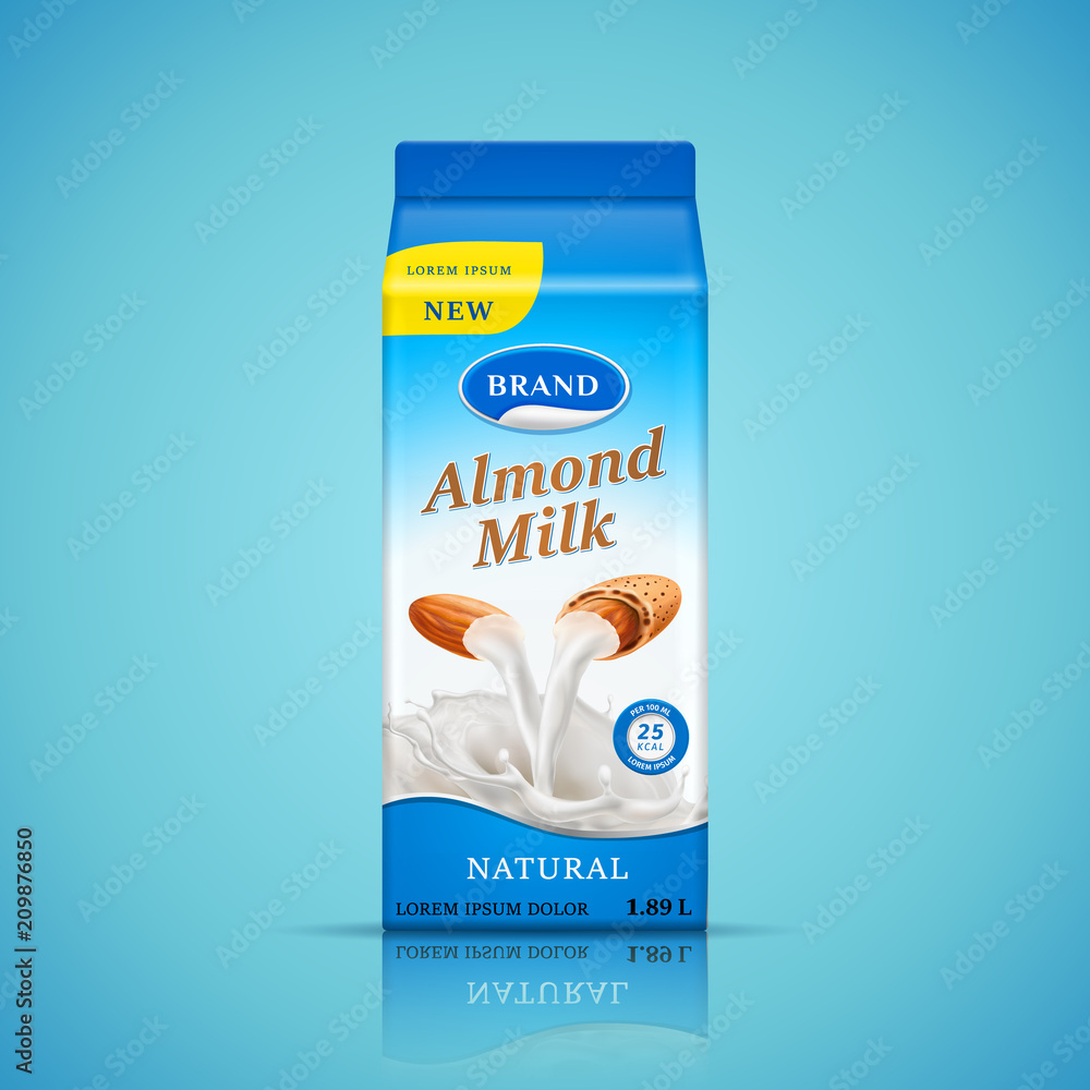 Almond milk packaging design. Liquid pours down from the nuts with ...
