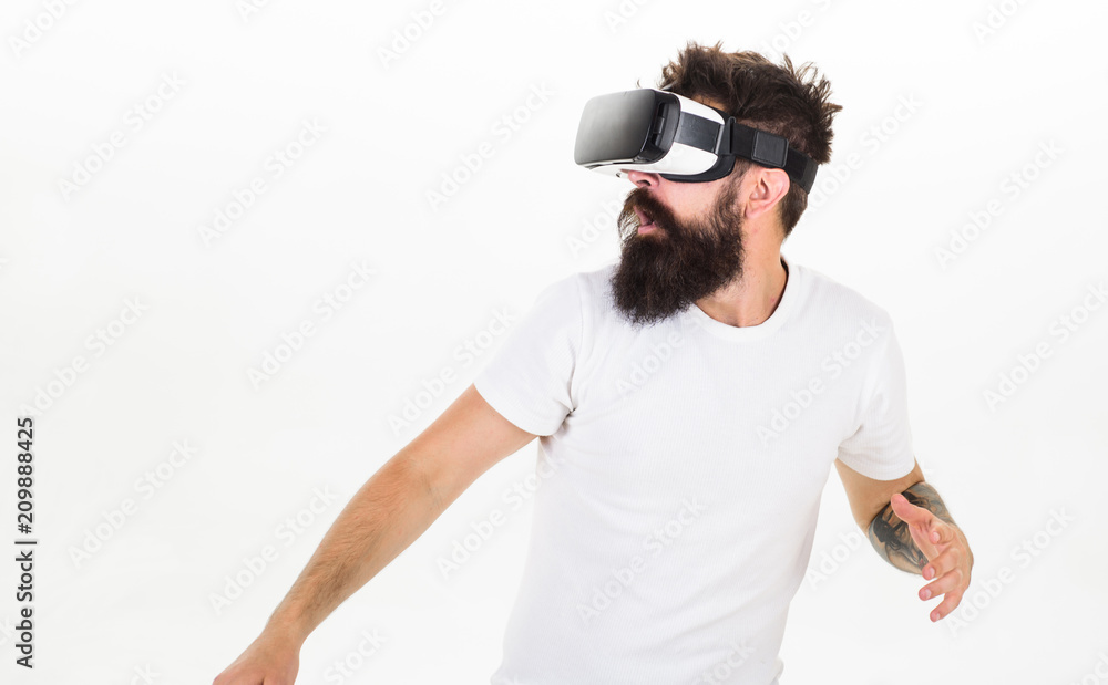 Man with beard in VR glasses run away , white background. VR game ...