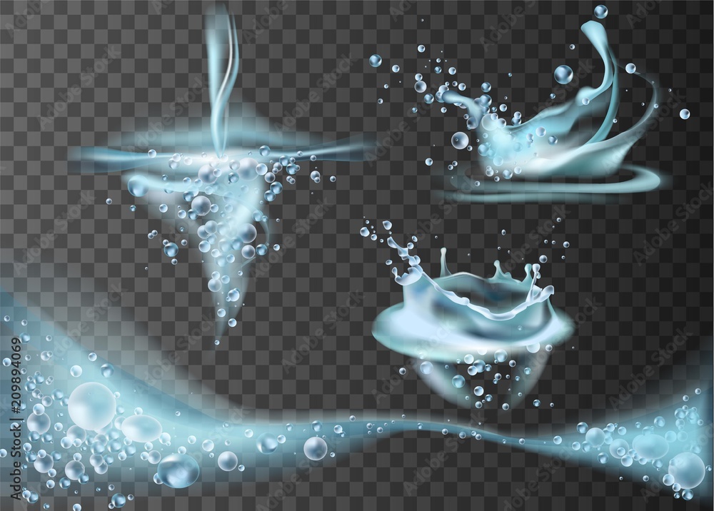 Set of translucent water splashes, drops and crown in light blue colors ...