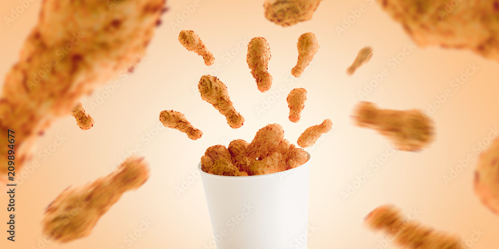 Blank food bucket with chicken wings mock up, no gravity, 3d rendering ...