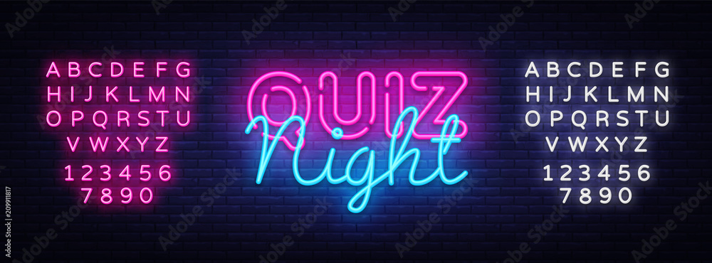 Quiz night announcement poster vector design template. Quiz night neon ...