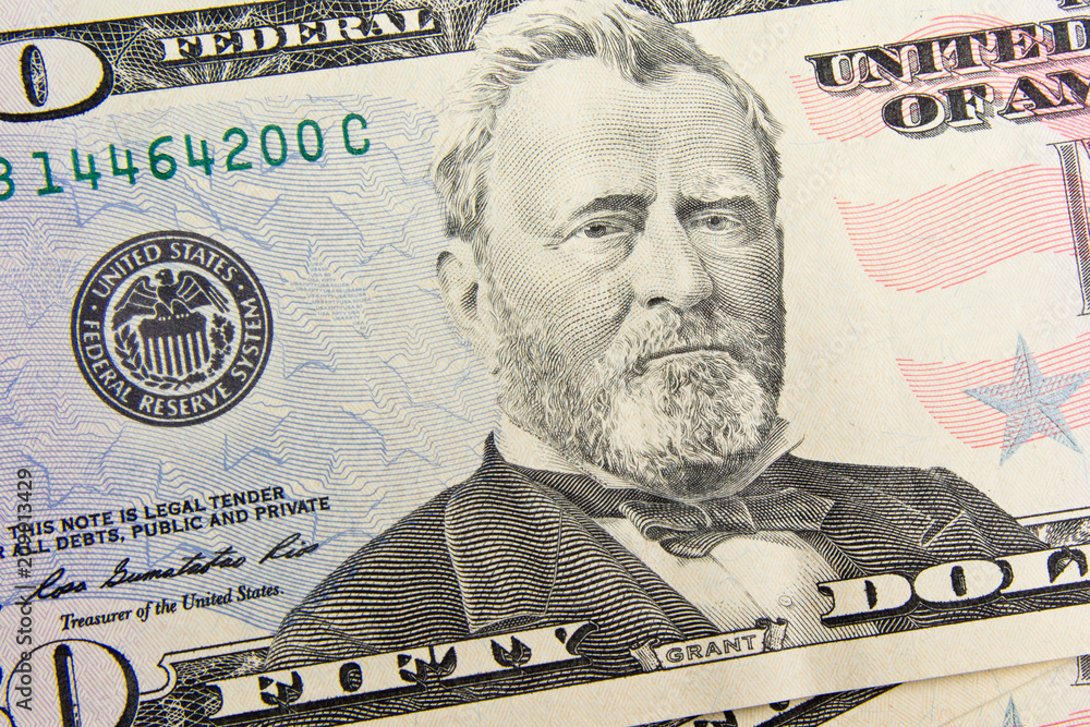 Front of the fifty dollar bill with a Portrait of President Ulysses ...