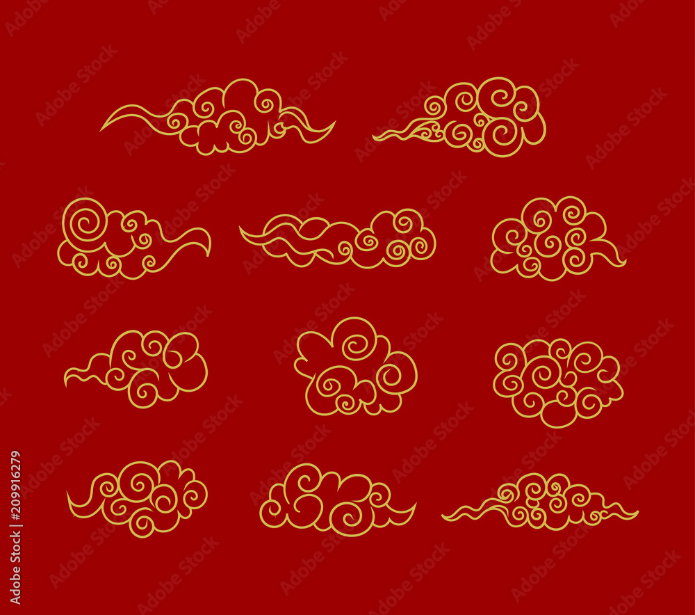 Vector Golden Tibetan Clouds, Buddhism Art, Design Elements Set. Stock ...