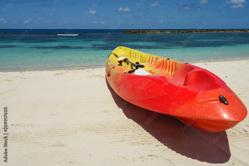 Yellow and red kayak and paddle by the seashore on the beautiful white ...