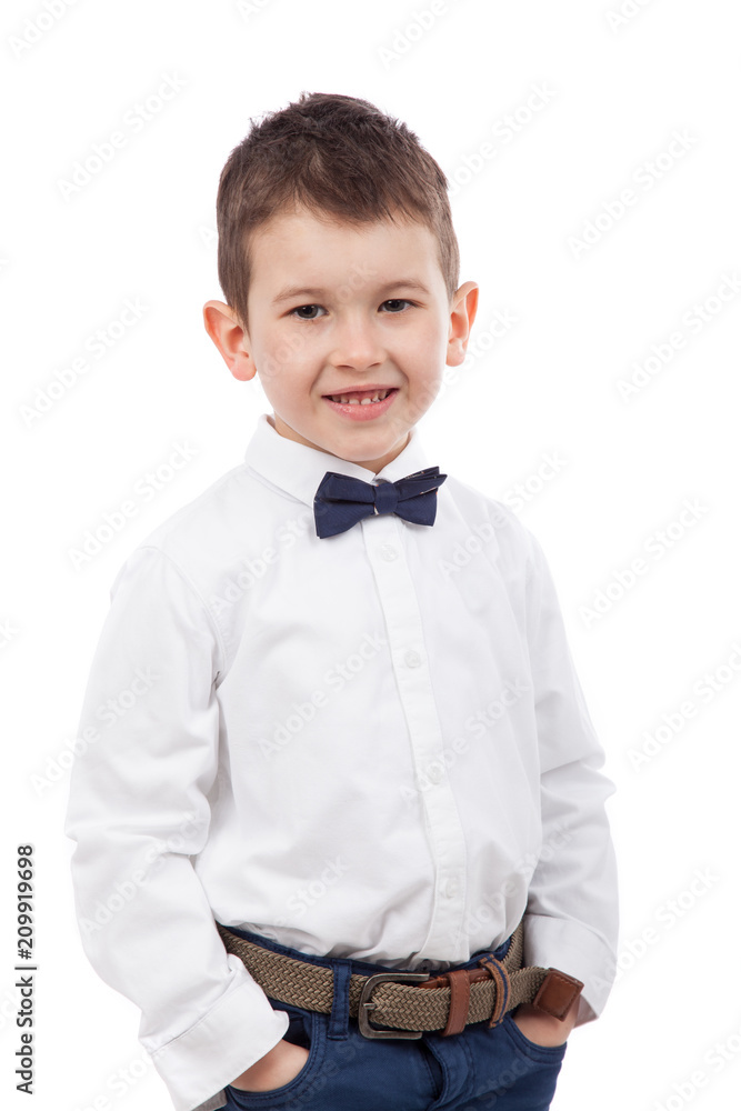 Cute little boy with white shirt and bow tie, isolated on white ...