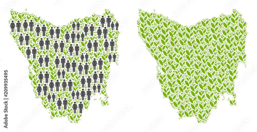 People population and green plants Tasmania Island map. Vector ...