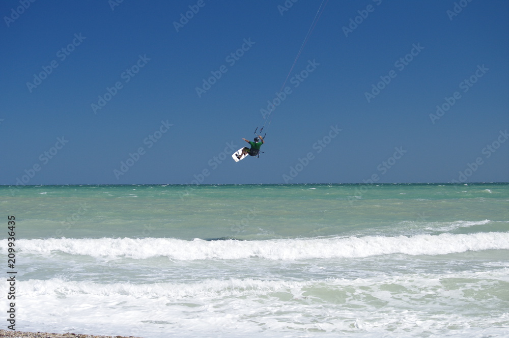 Poster kite surf,jump,sport,wind,sea,sky,horizon,blue,water,kite,summer ...
