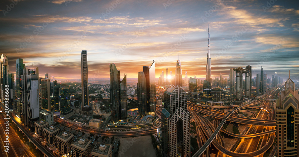 Dubai sunset panoramic view of downtown. Dubai is super modern city of ...