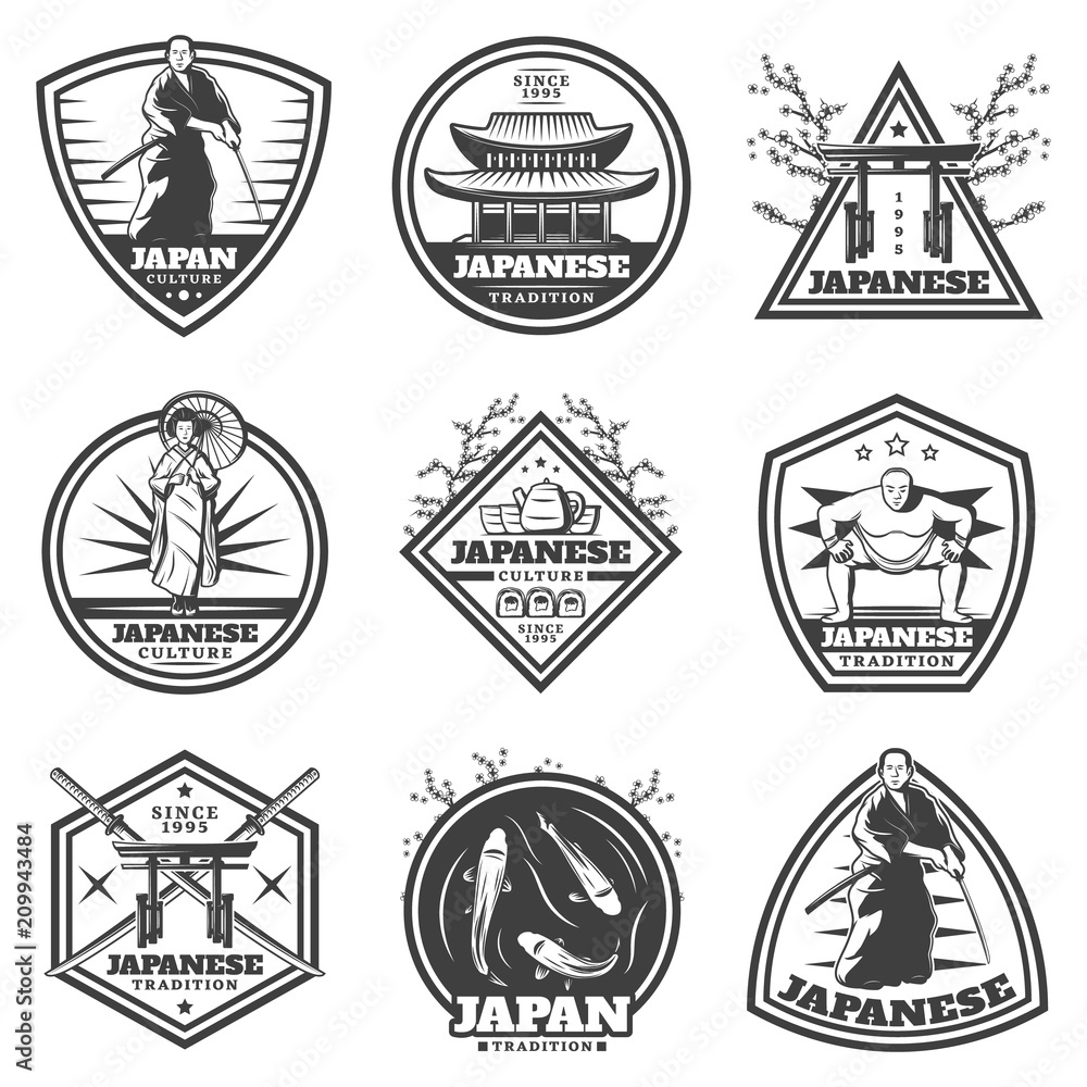 Vintage Japanese Culture Labels Set Stock Vector | Adobe Stock