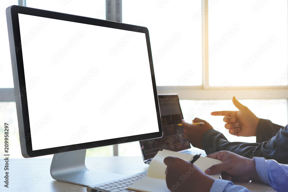 Laptop with blank screen on table. Workspace background new project on ...