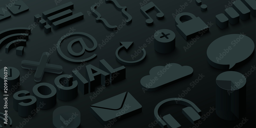Black 3d social background with web symbols. Vector illustration. Stock ...