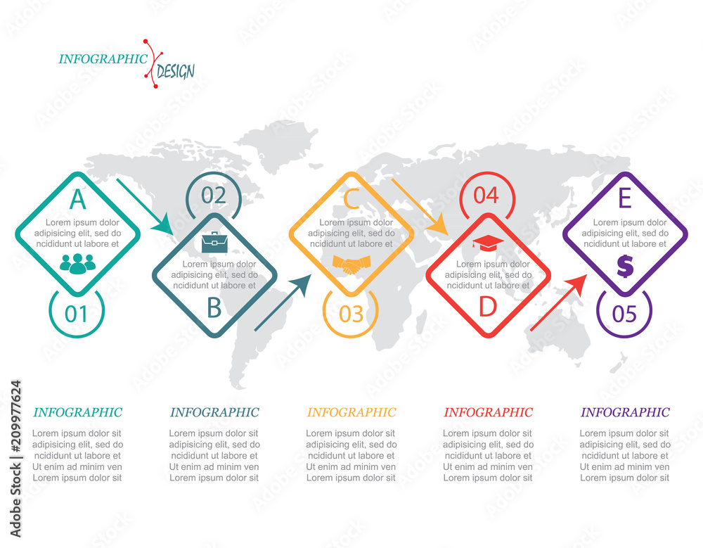 Vector flat infographic elements with 5 options and world map. Template ...