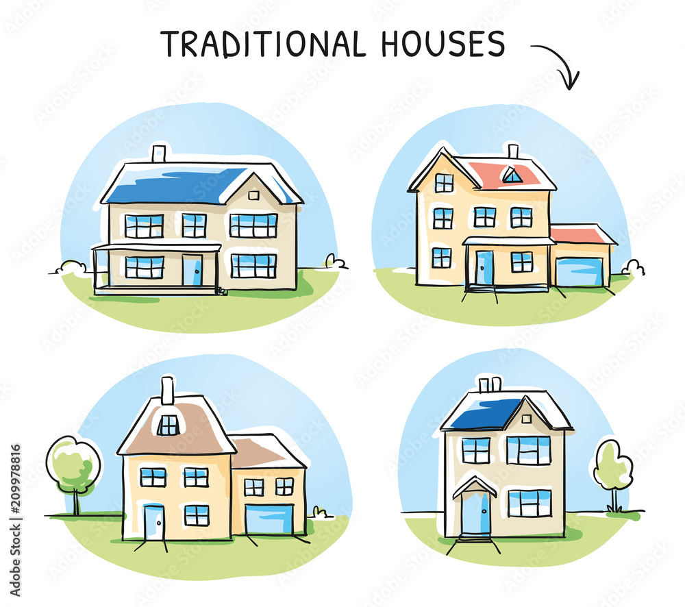 Set of 4 different colorful houses, detached, single family houses with ...