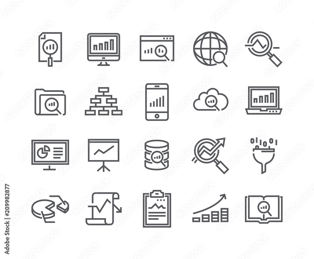Editable simple line stroke vector icon set,Data analysis related icons ...
