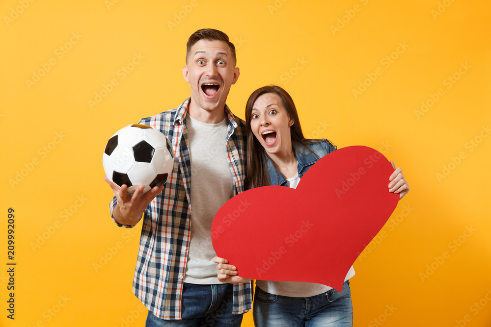 Young happy cheerful couple supporter, woman man, football fans cheer ...