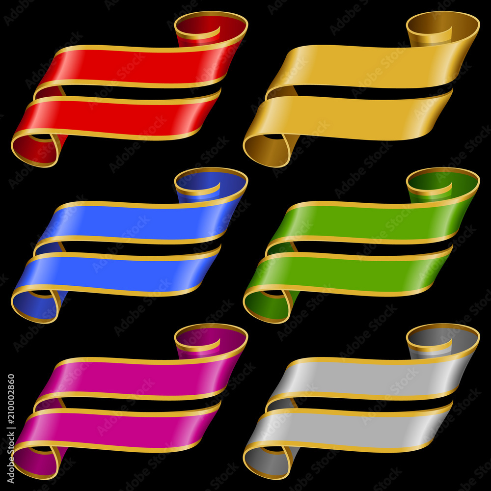 Vector Set of Vintage Curly Banners Ribbons. Redd, Gold, Blue, Green ...