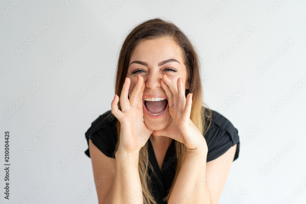 Happy excited lady screaming loud, sharing great news. Cheerful young ...