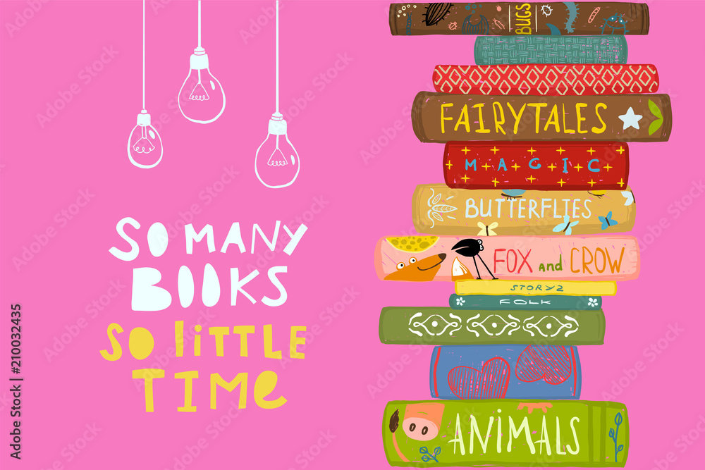 Bookstore book design on pink background. Vector illustration. Stock ...