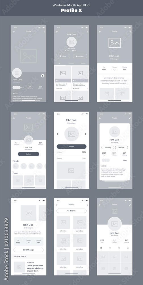 Wireframe kit for mobile phone. Mobile App UI, UX design. New profile ...