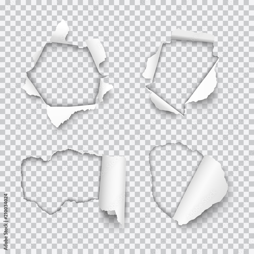 Vector set of various holes torn in paper with rolled edges isolated on ...