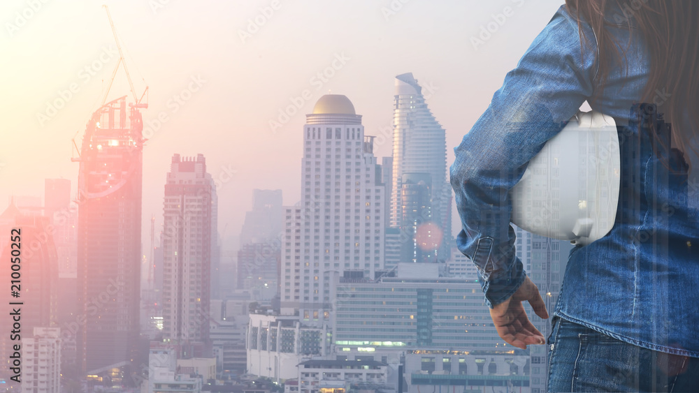 Double exposure Engineers woman construction safety work concept and ...