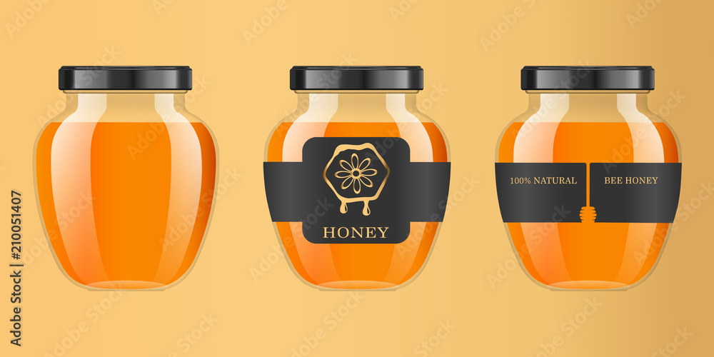 Realistic transparent glass jar with honey. Food bank. Honey packaging ...