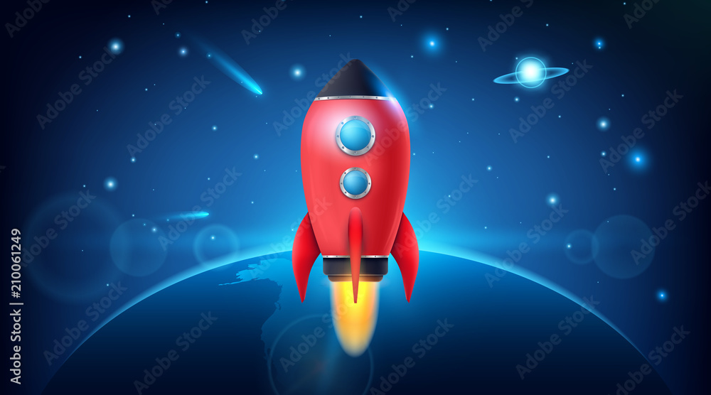 Vector illustration of realistic 3D rocket space ship launch isolated ...