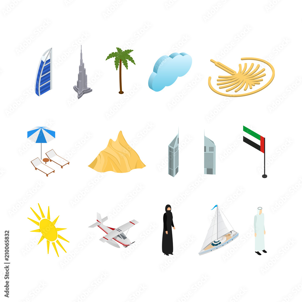 Poster Dubai UAE Travel and Tourism Icons 3d Isometric View. Vector ...