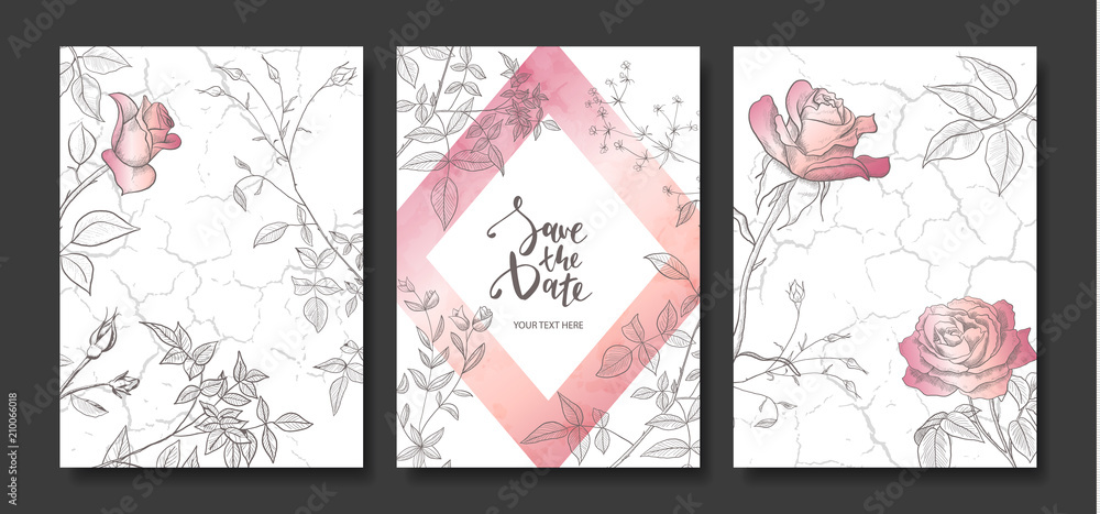 Luxury cards collection with marble texture ,hand-drawn flowers and ...