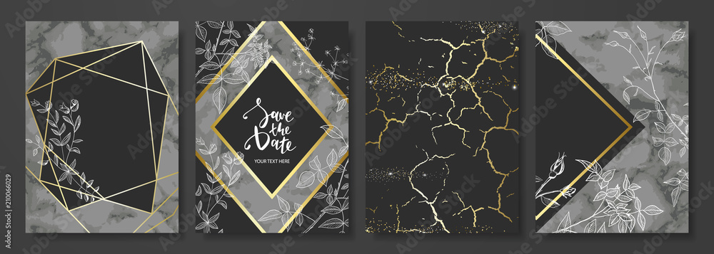 Luxury cards collection with marble texture ,hand-drawn flowers and ...