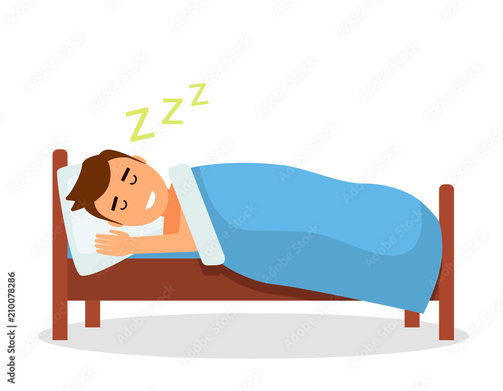 A baby boy sleeps a sweet dream in his bed under a blanket. Isolated ...