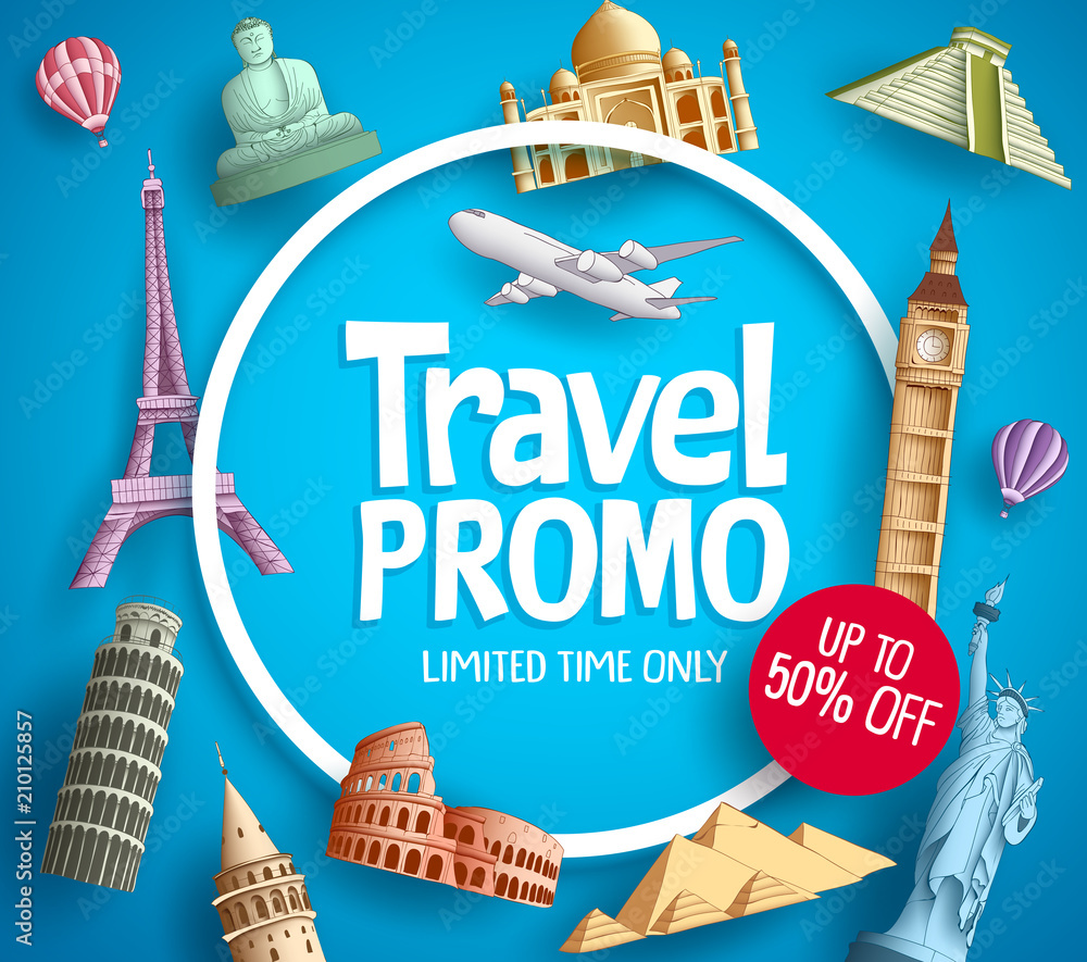 Travel promo vector banner promotion design with tourist destinations ...