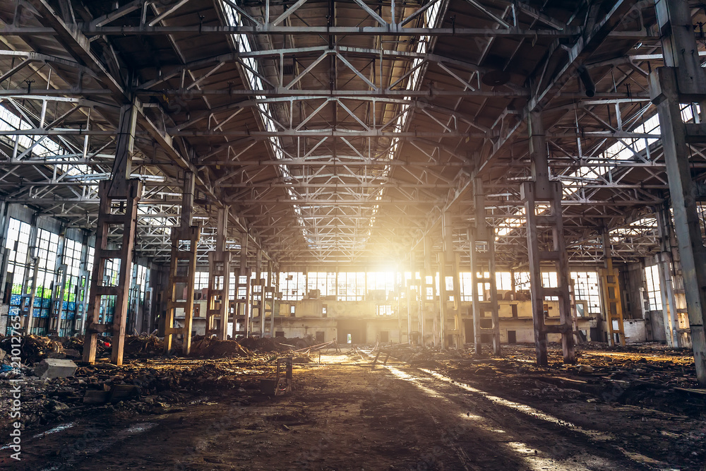 Abandoned ruined industrial factory building, corridor view with ...