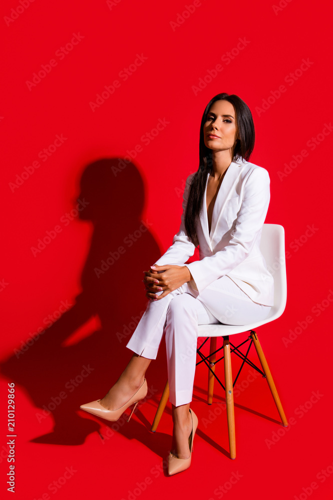 Photoshooting studio concept. Vertical portrait of proud arrogant woman ...