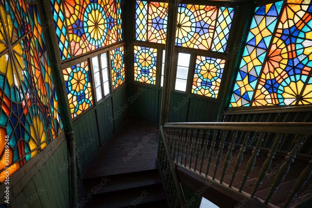 Beautiful stained-glass window on staircase Stock Photo | Adobe Stock