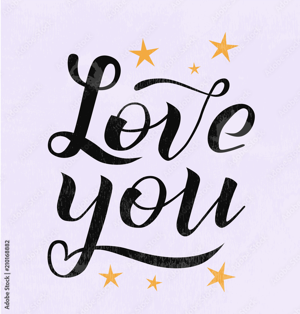 Hand drawn Love you lettering text on light violet background with ...