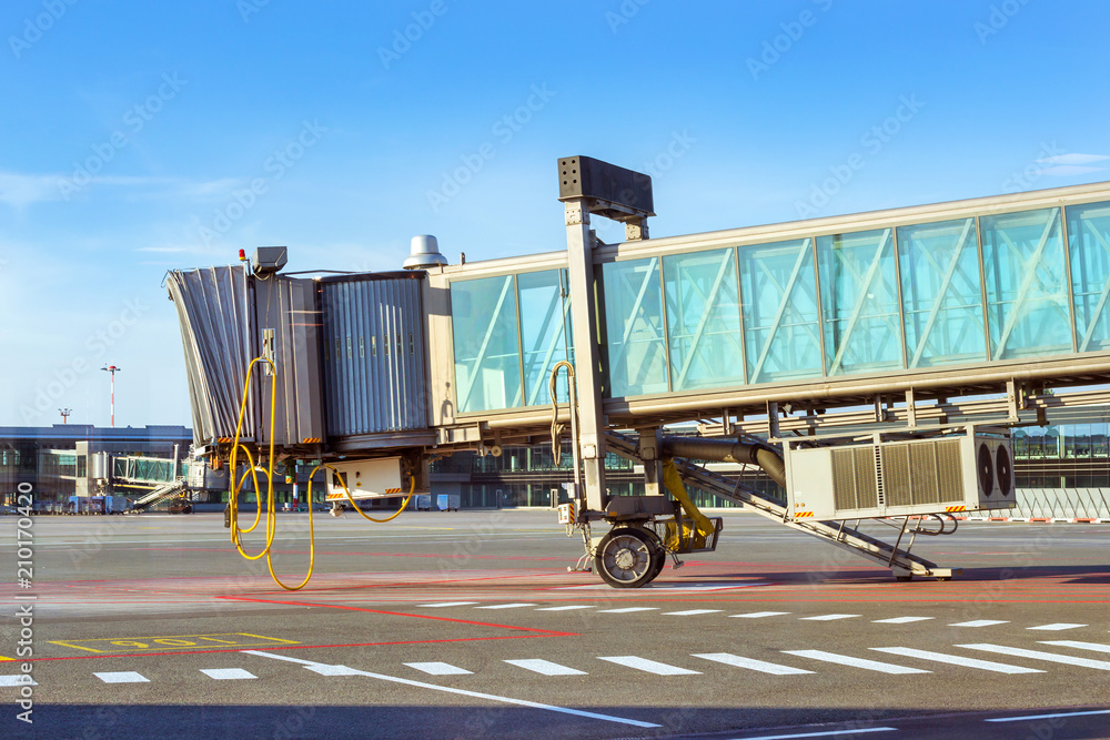 Stationary terminal gates on airport runway, Marupe, Riga, Latvia. Road ...