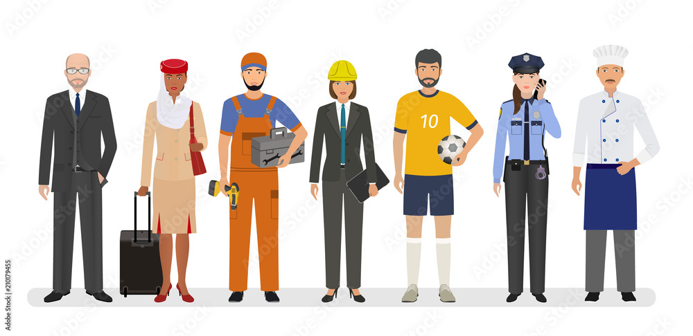 Employee and workers characters standing together. Group of seven ...