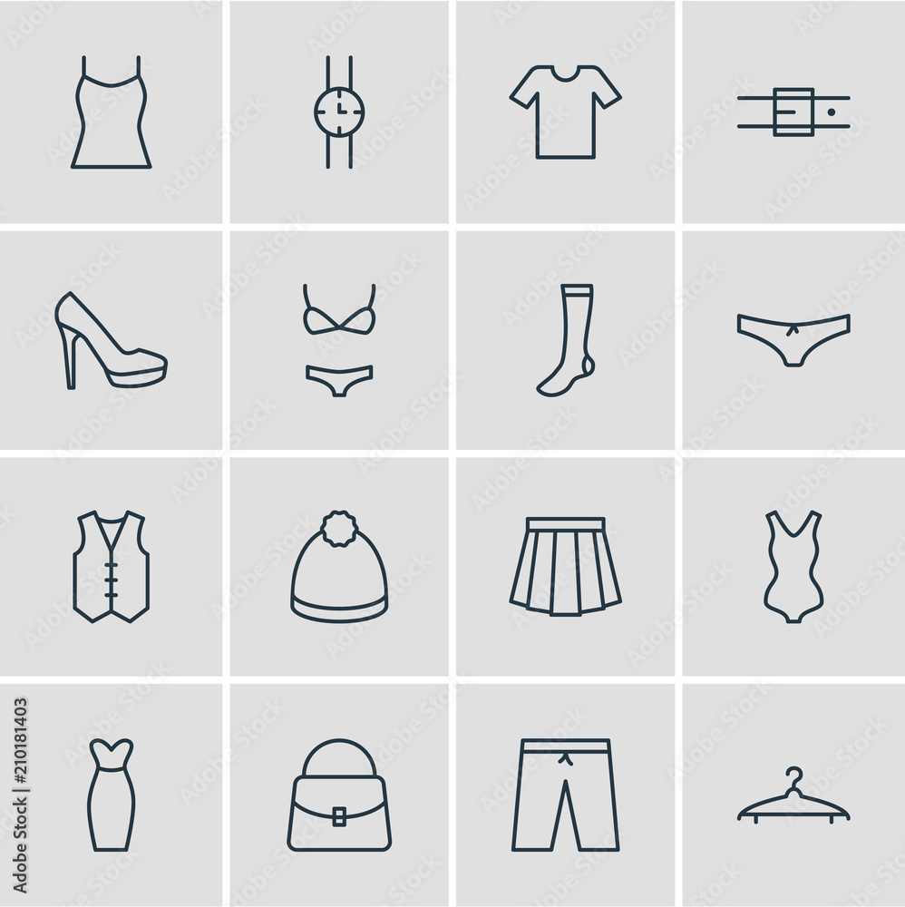 Vector illustration of 16 garment icons line style. Editable set of ...