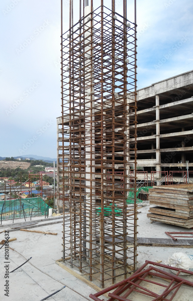 Concrete column reinforcement bar at the construction site fabricated ...