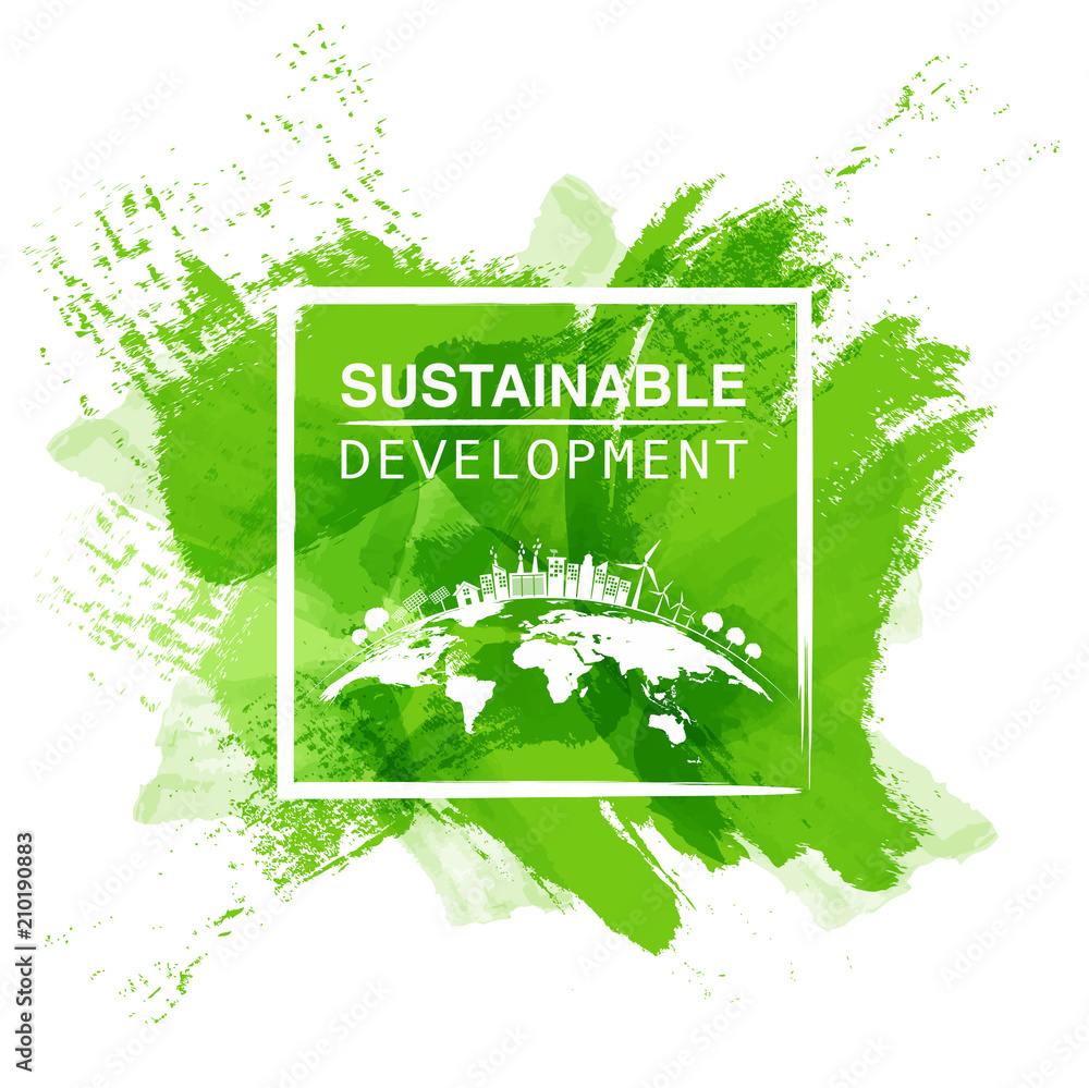 Sustainable development logo with green watercolor paint background ...