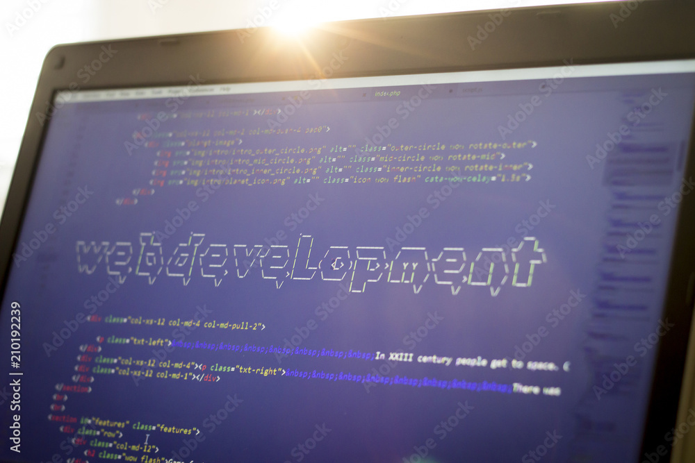 Web development phrase ASCII art inside real HTML code. Web developing concept on screen ...