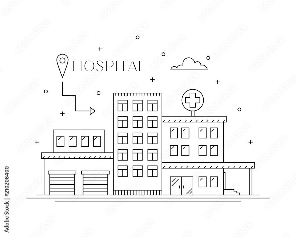 Hospital building flat line design, front view. City architecture ...