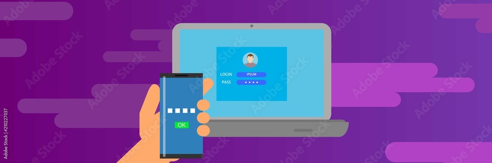 Smartphone laptop login banner horizontal. Flat illustration of vector ...