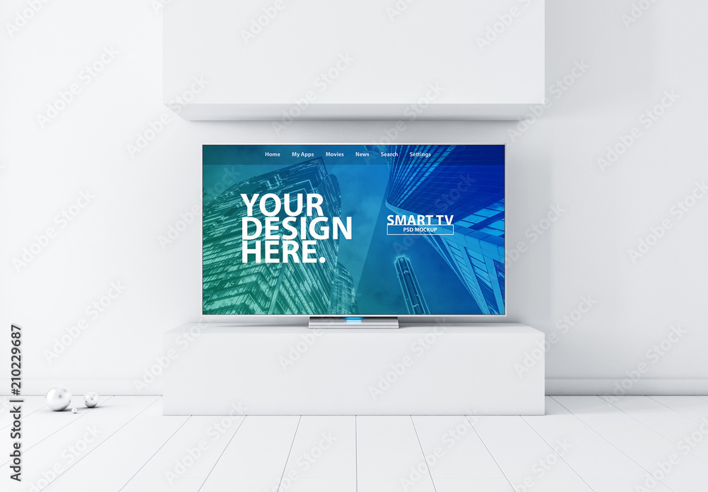 Smart TV on White Console Mockup Stock Template | Adobe Stock
