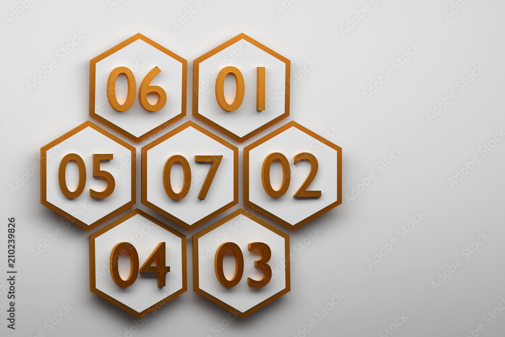 Seven white hexagonal shapes with golden outline and golden numbers ...