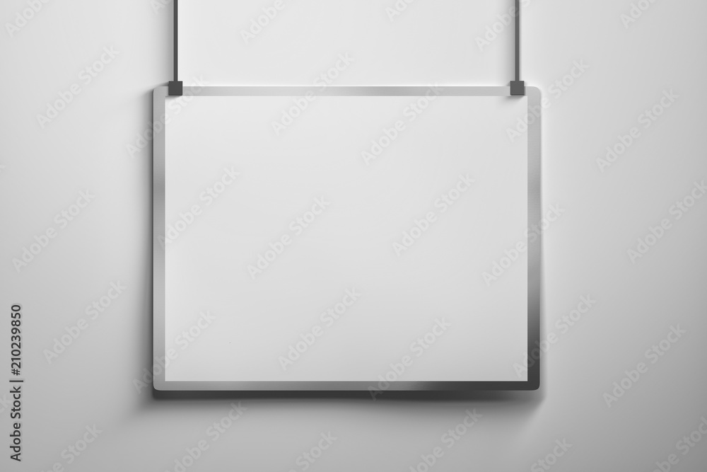 Simple white empty poster, board hanging over the white wall. Branding ...